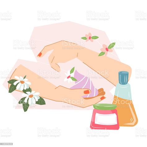 손 피부 유기농 자연 관리 및 화장품 평면 벡터 그림이 격리되어 있습니다 건강관리와 의술에 대한 스톡 벡터 아트 및 기타 이미지 건강관리와 의술 건강한 생활방식 네일