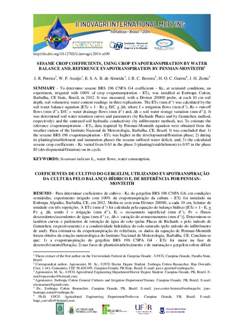 Pdf Sesame Crop Coefficients Using Crop Evapotranspiration By Water
