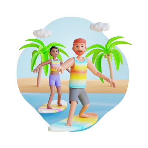 Young Couple Surfing On The Ocean Beach 3d Character Illustration