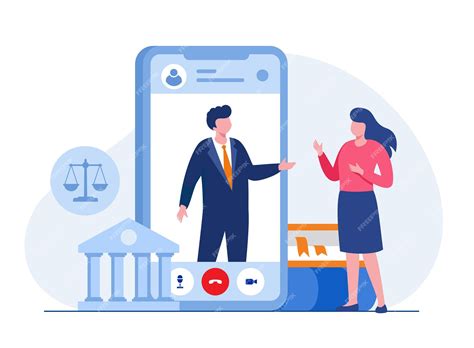 법과 정의 장면 변호사 컨설팅 클라이언트 법적 조언 개념 플랫 벡터 일러스트 배너 프리미엄 벡터