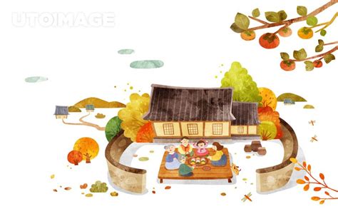 [pai113] 추석일러스트 001 Pai113 프리진 일러스트 사람 어린이 성인 배경 오브젝트 가족 한국 추석 일러스트 가을 전통 기와집 감나무
