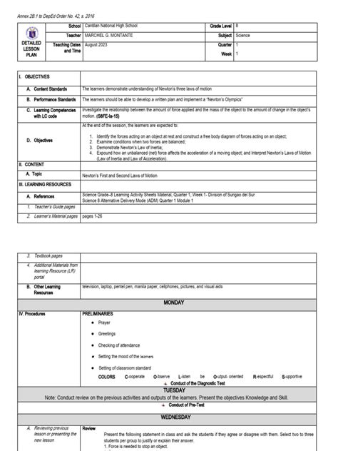 Final Detailed Lesson Plan Science Week 1 Pdf Force Acceleration