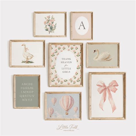 Vintage Girl Nursery Wall Art Cottagecore Nursery Prints Pink And
