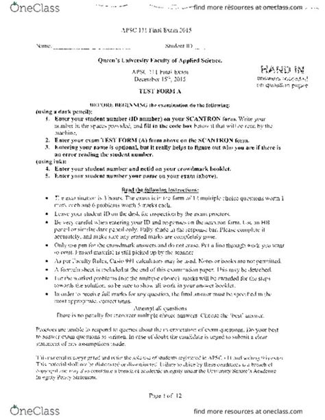 APSC Midterm APSC Applied Science Exam OneClass