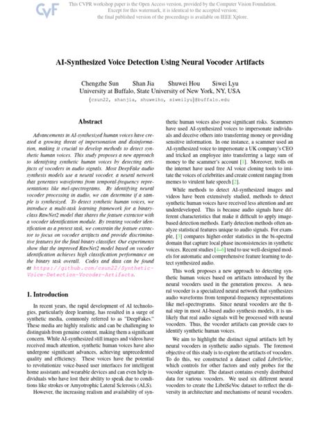 Ai Synthesized Voice Detection Using Neural Vocoder Artifacts Pdf Speech Synthesis