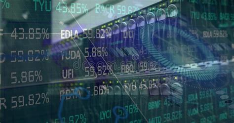 Stock Market Data Processing And Round Scanner Against Close Up Of A Computer Server Stock