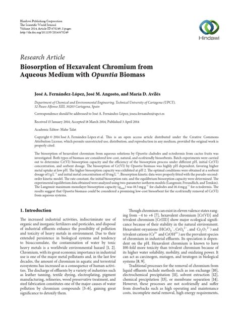 Biosorption Of Hexavalent Chromium From Aqueous Medium With Opuntia Biomass Pdf Adsorption