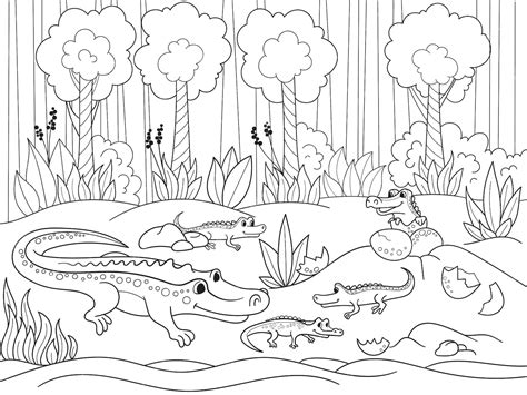 아프리카에서 악어의 어린이 만화 가족 색칠하기 책 검은 선 흰색 배경 프리미엄 벡터