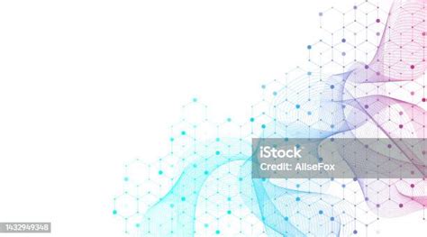 추상 생물학 및 제약 기술 배경 육각형 모양의 건강 관리 및 의료 배경 흐르는 웨이브 라인과 육각형 벡터 일러스트 레이 션 0명에 대한 스톡 벡터 아트 및 기타 이미지