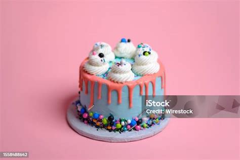 흰색 크림 머랭과 분홍색 배경에 뿌려진 파란색 생일 케이크 케이크에 대한 스톡 사진 및 기타 이미지 케이크 케이크 레이어 다중 색상 Istock