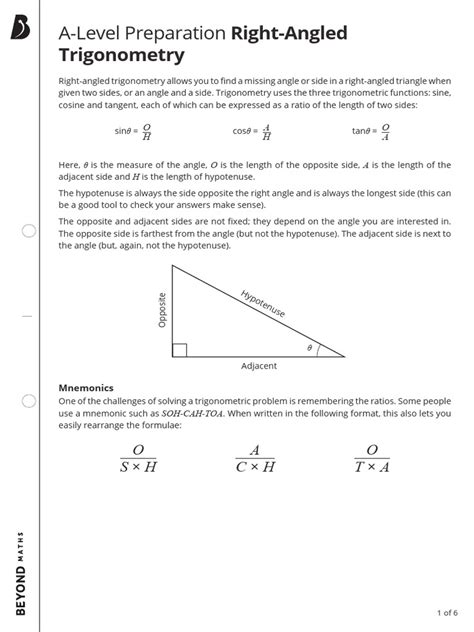 A Level Preparation Right Angled Trigonometry Pdf Trigonometry