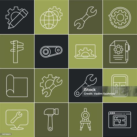 라인 하우스 플랜 계산기 문서 설정 및 펜 렌치 스패너 타이밍 벨트 키트 캘리퍼 캘리퍼스 눈금 연필 기어 및 노트북 아이콘을