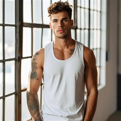A Man In A White Tank Top Standing In Front Of A Window Premium Ai