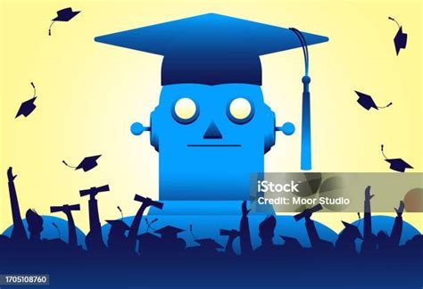 졸업 모자를 쓴 거대한 로봇과 졸업 벡터 일러스트레이션의 군중 개념에 대한 스톡 벡터 아트 및 기타 이미지 개념 개발 검사 보기 Istock