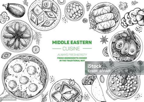 중동 음식 상단 보기 프레임 키베 돌마 샤와르마 과자를 곁들인 푸드 메뉴 디자인 빈티지 손으로 그린 스케치 벡터 일러스트 유대교에 대한 스톡 벡터 아트 및 기타 이미지