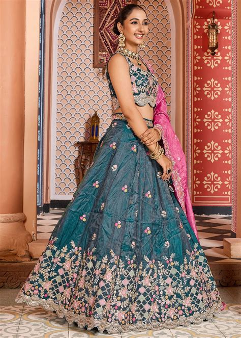 Rama Green Tissue Lehenga Choli Embroidered Designer Outfit House