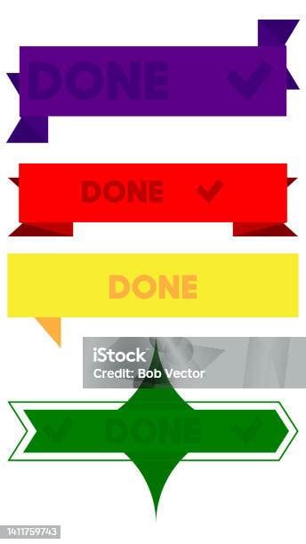 체크 표시가 있는 완료 텍스트가 있는 리본 메뉴 집합입니다 배너 템플릿 라벨 스티커 기호 0명에 대한 스톡 벡터 아트 및 기타