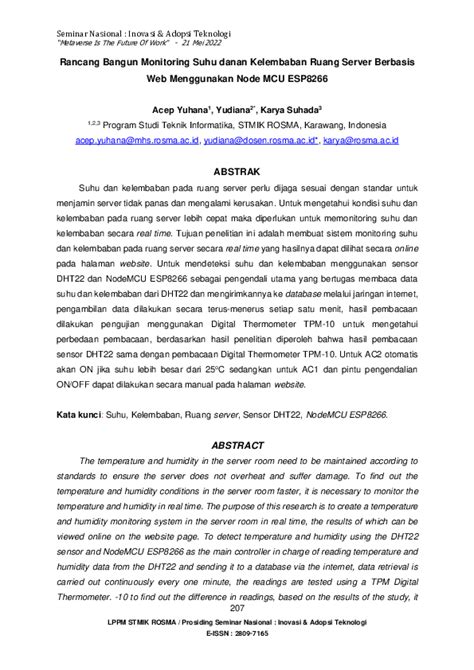 Pdf Rancang Bangun Monitoring Suhu Danan Kelembaban Ruang Server Berbasis Web Menggunakan Node
