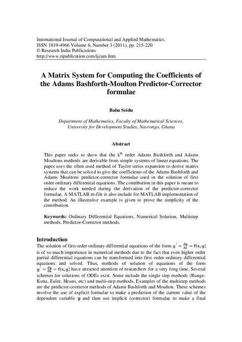 Pdf A Matrix System For Computing The Coefficients Of The Adams