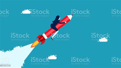 창의력이나 상상력의 자유 하늘을 나는 연필 로켓을 타는 사업가 개발에 대한 스톡 벡터 아트 및 기타 이미지 개발 개선 경쟁 Istock