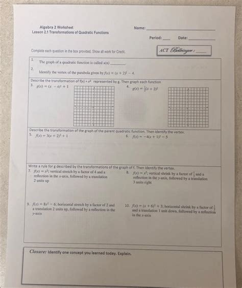 Free Transforming Quadratic Functions Worksheet Download Free