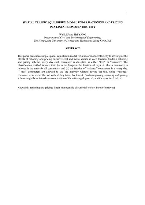 Pdf Spatial Traffic Equilibrium Model Under Rationing And Pricing In A Linear Monocentric City