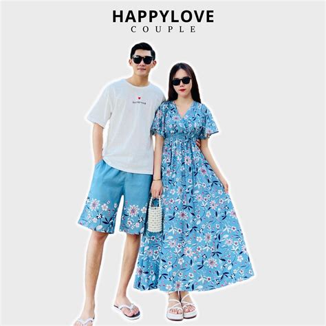 Đồ đôi đi Biển Nam Nữ Set đồ Cặp đôi đi Bơi Couple Happylove Màu Xanh