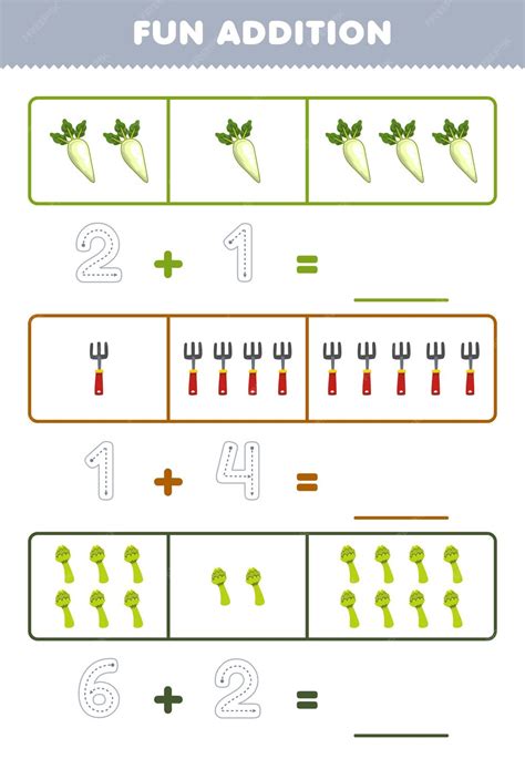 귀여운 만화 무 갈퀴 아스파라거스 인쇄 가능한 야채 워크 시트의 수를 세고 추적하여 어린이 재미 추가를위한 교육 게임 프리미엄 벡터