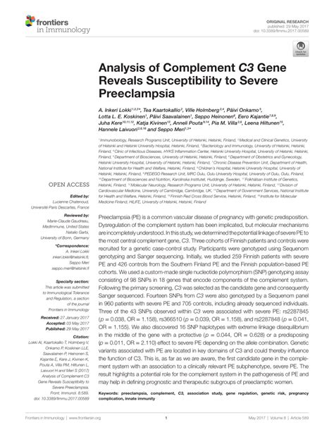 Pdf Analysis Of Complement C3 Gene Reveals Susceptibility To Severe Preeclampsia