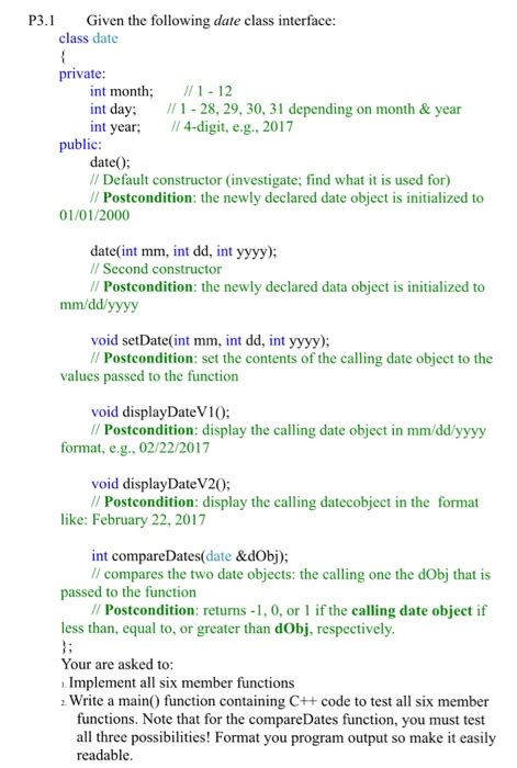 Solved P31 Given The Following Date Class Interface Cla