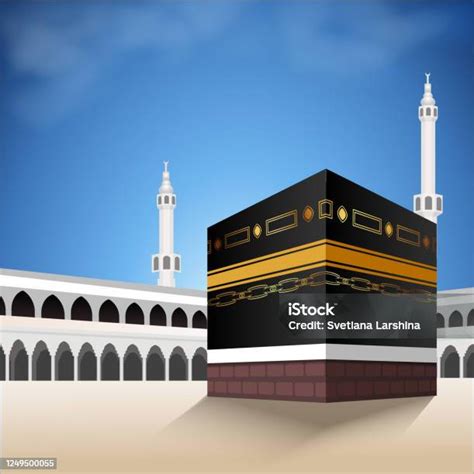 메카 사우디 아라비아의 하지 마브로어에 대한 카바 벡터 순례는 이드 아드 아다 무바라크를 위해 아라파트 산을 시작으로 끝납니다 하늘과 구름에 이슬람 배경 하지 의식 메카에