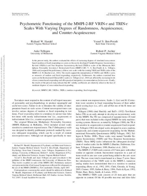 Pdf Psychometric Functioning Of The Mmpi 2 Rf Vrin R And Trin R Scales With Varying Degrees Of