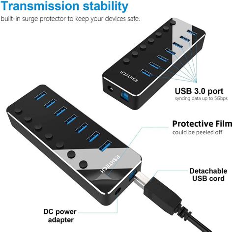 USB Hub Powered RSHTECH Port USB Data Hub Aluminum USB Extension Splitter With Individual