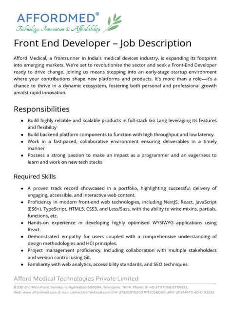 Frontend Developer Jd Pdf Information Technology Computing