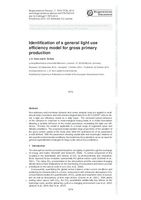 Pdf Identification Of A General Light Use Efficiency Model For Gross Primary Production