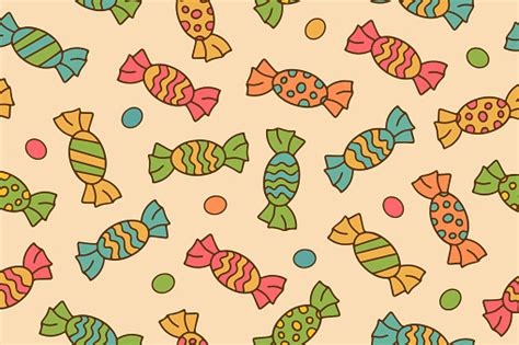 벡터 완벽 한 패턴 와 과자 사탕 와 Lollipops 에서 낙서 스타일로 밝은 다채로운 사탕 배경입니다 벡터 일러스트 레이 션 가지 식물 부위에 대한 스톡 벡터 아트 및