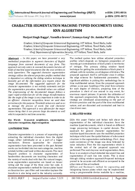 Pdf Irjet Character Segmentation Machine Typed Documents Using Knn Algorithm
