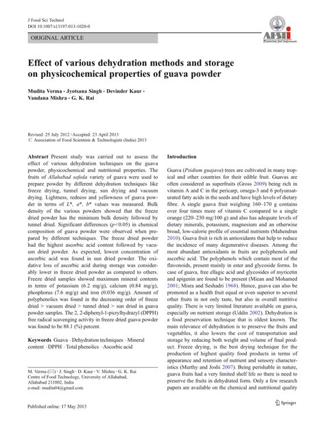Pdf Effect Of Various Dehydration Methods And Storage On Physicochemical Properties Of Guava