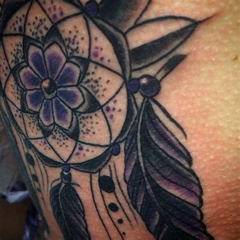 Beautiful Dreamcatcher Feather Tattoo Close Up With Purple Color