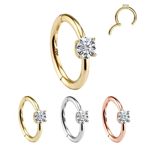 14k Gold Cz Seamless Hinged Clicker Ring Cartilage Tragus Rook Nose