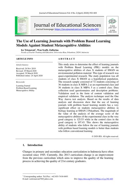 pdf the use of learning journals with problem based learning models