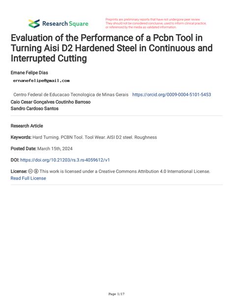 Pdf Evaluation Of The Performance Of A Pcbn Tool In Turning Aisi D2 Hardened Steel In