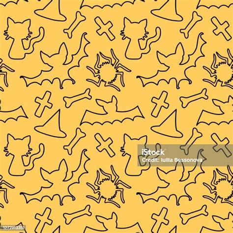즐거운 할로윈 보내세요 윤곽이 있는 낙서와 휴일 테마 아이콘의 매끄러운 패턴 박쥐 거미 뼈 십자가 분리의 검은 윤곽 벡터 배경 및 텍스처 10월에 대한 스톡 벡터 아트 및
