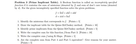 Solved Problem 3 Prime Implicant Table A Boolean Function