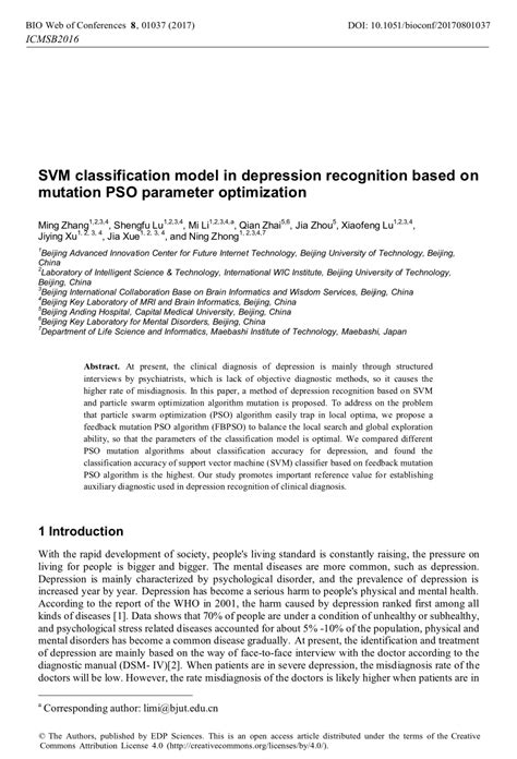 Pdf Svm Classification Model In Depression Recognition Based On