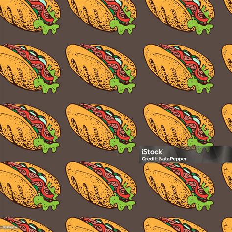 벡터 핫도그의 완벽 한 패턴 소시지 롤 패스트 푸드의 만화 그림입니다 미국 음식입니다 레스토랑 메뉴 길거리 음식 베이커리 카페 플라이어에 대 한 가공육에 대한 스톡 벡터