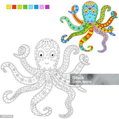 어린이 색칠 공부를위한 화려한 양식에 일치시키는 문어 문어에 대한 스톡 벡터 아트 및 기타 이미지 문어 책 귀여운