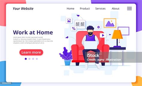 가정 개념에서 작업 남자는 노트북에서 작업하고 소파에 앉아 코로나 바이러스 전염병 동안 검역 집에서 머물 현대 평면 웹 방문 페이지 디자인 템플릿입니다 벡터 일러스트레이션