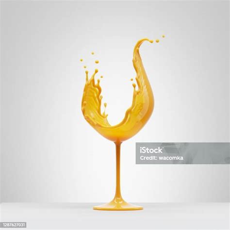 3d 렌더 노란 음료를 튀기고 보이지 않는 와인 잔 안에 오렌지 주스 흰색 배경에 고립 된 액체 스플래시 클립 아트 액체에 대한