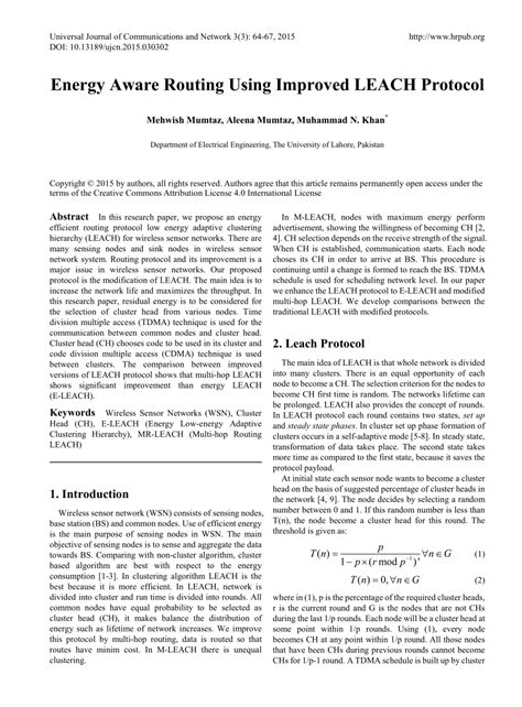 Pdf Energy Aware Routing Using Improved Leach Protocol